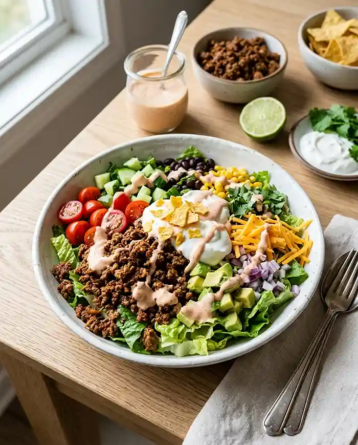Easy High Protein Taco Beef Salad | Salad Alchemy